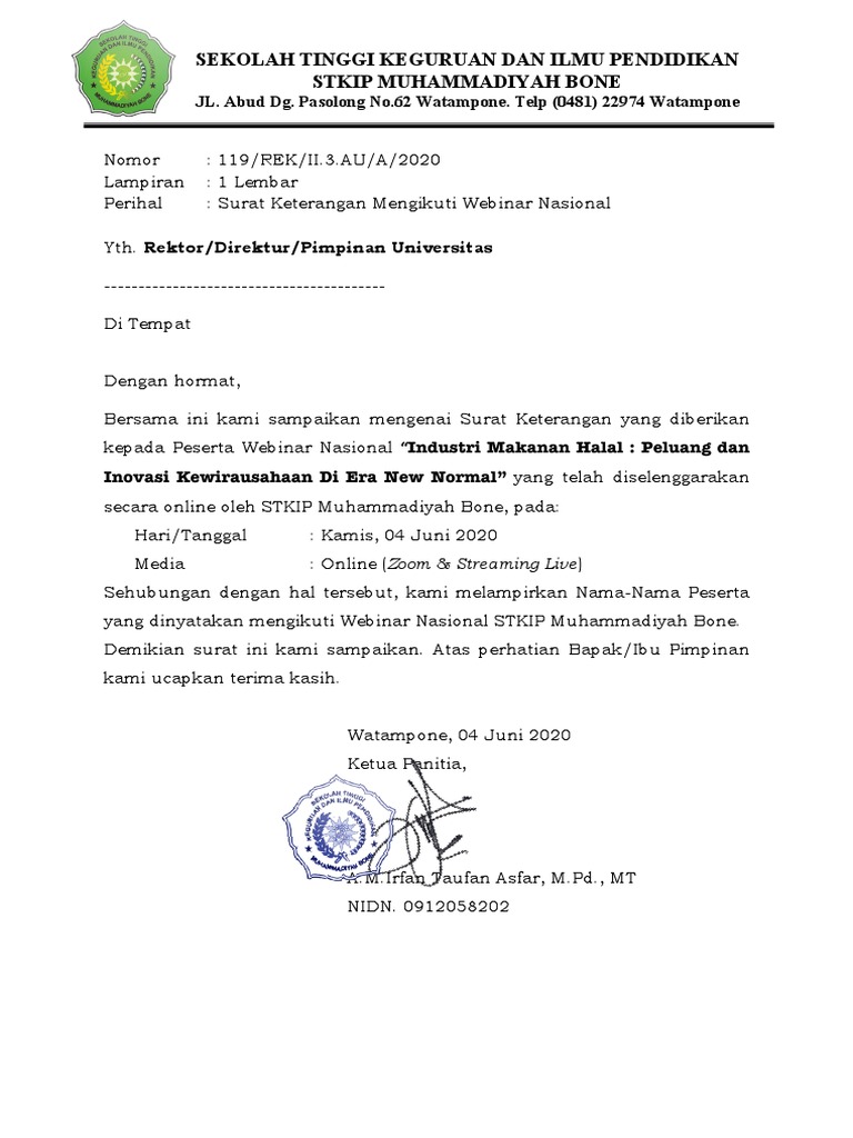 Surat Keterangan Mengikuti Seminar | PDF