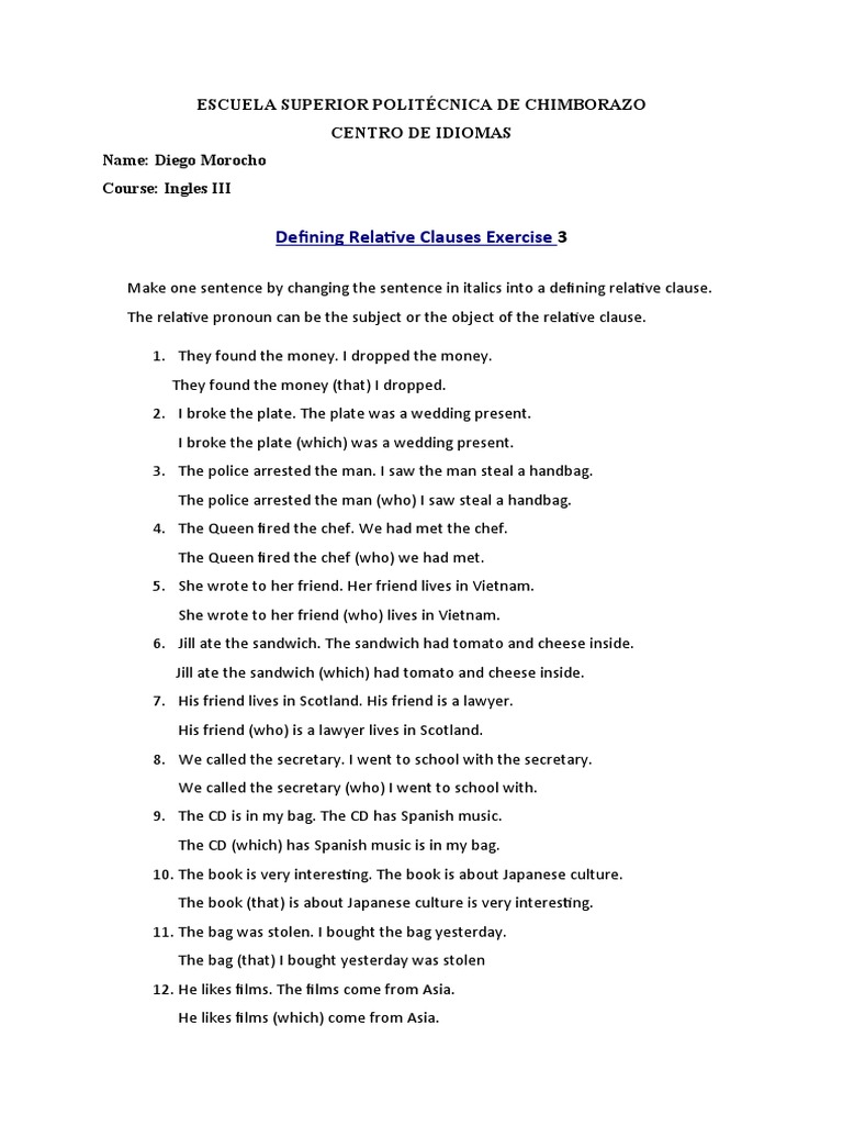 Defining Relative Clauses Exercise | PDF