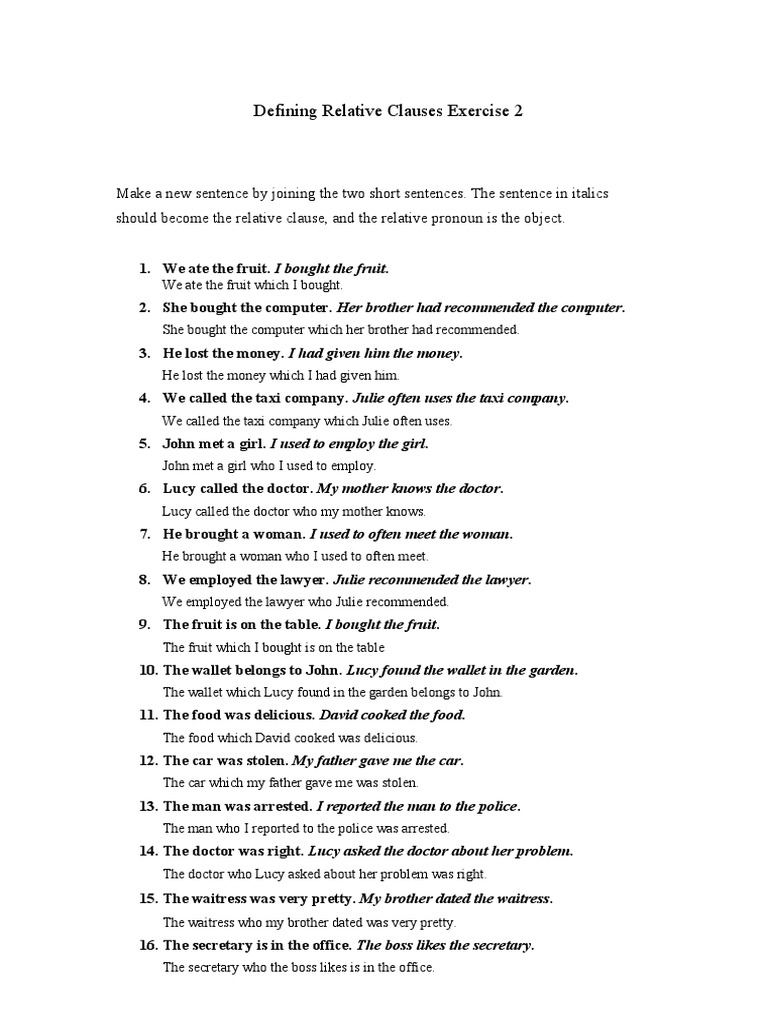 Defining Relative Clauses Exercise 2 | PDF | Wellness