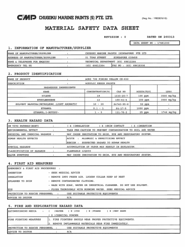 MSDS - Acri 700 Finish Yellow CS-622 (17681300) Rev.0 | PDF