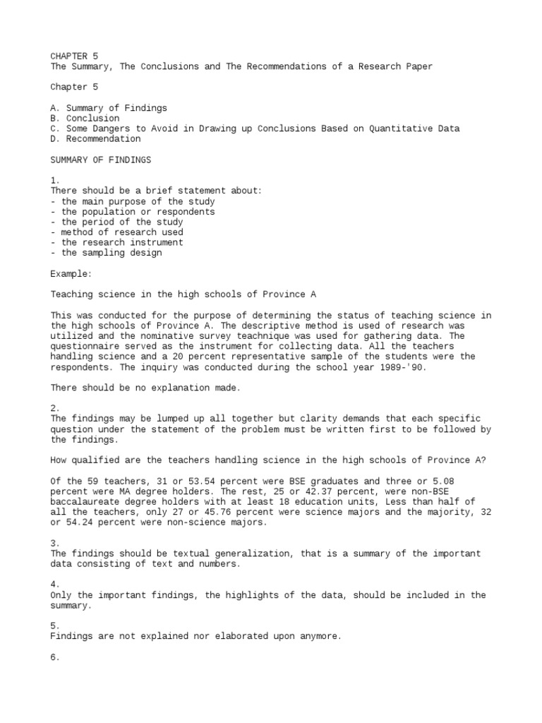 CHAPTER 5 THE SUMMARY, THE CONCLUSIONS AND THE RECOMMENDATIONS OF THE ...