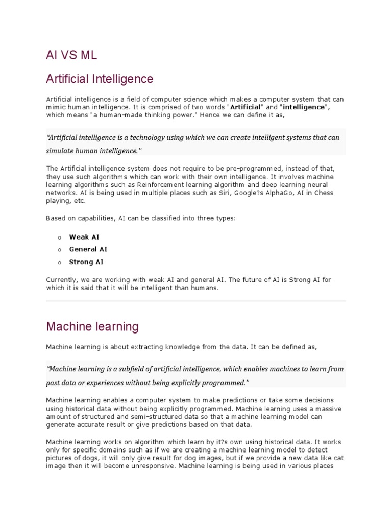 Aivsml Artificial Intelligence: Weak AI General AI Strong AI | PDF