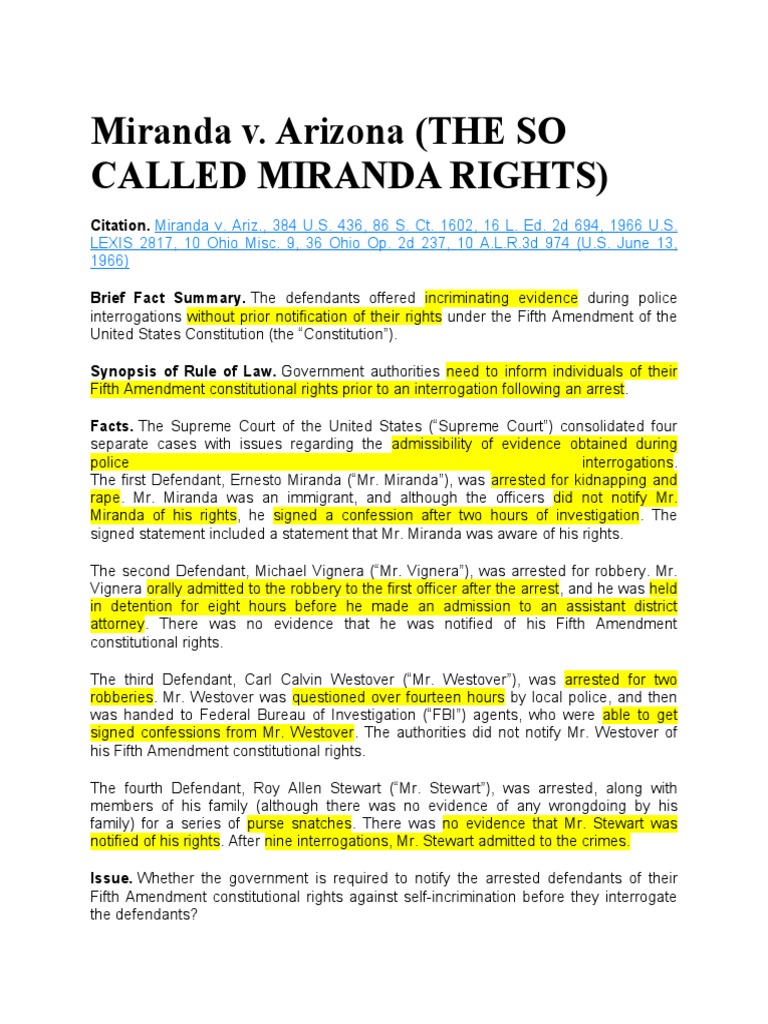 Rights of Suspect and Accused | PDF | Miranda V. Arizona | Fifth ...