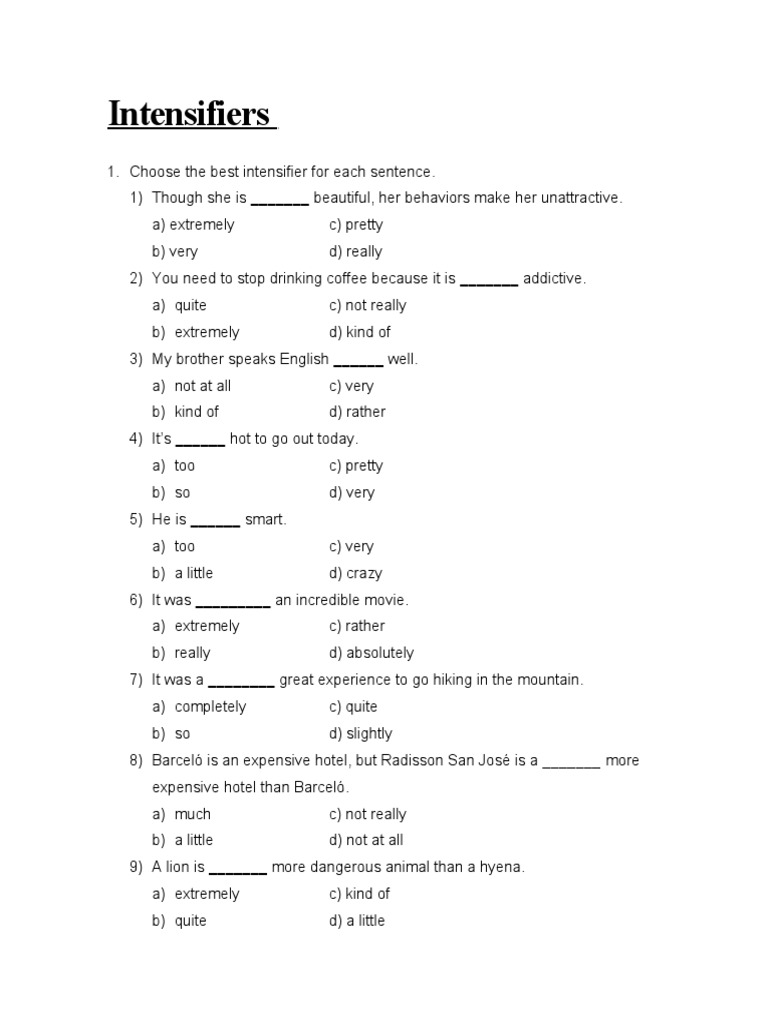Intensifiers Exercises Worksheet Templates Layouts - 117309 | PDF