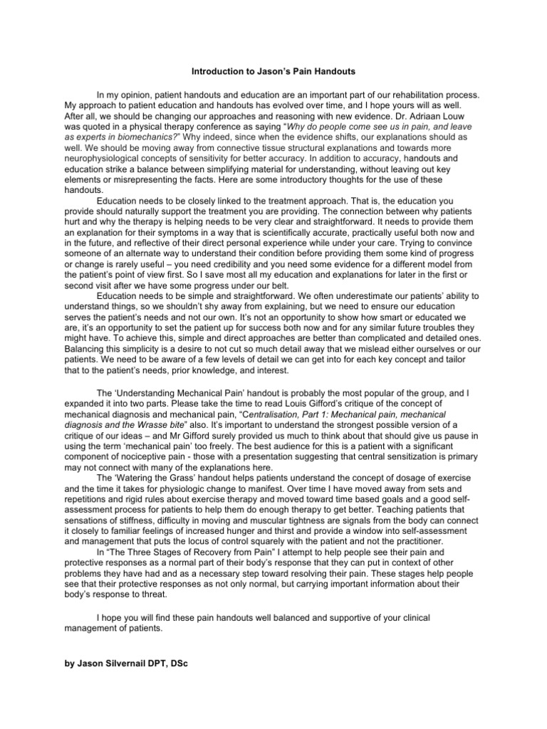 Introduction To Jason-S Pain Handouts v2 2016 | PDF | Pain | Physical ...
