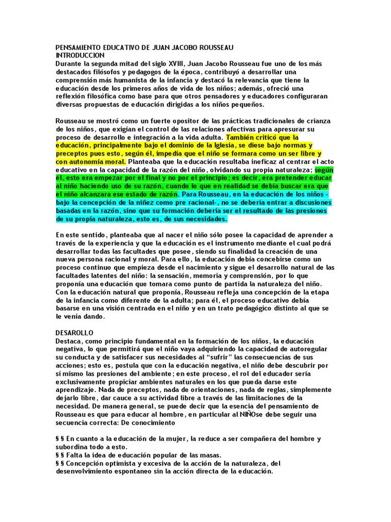 Pensamiento Educativo de Juan Jacobo Rousseau | PDF | Emile, o sobre ...