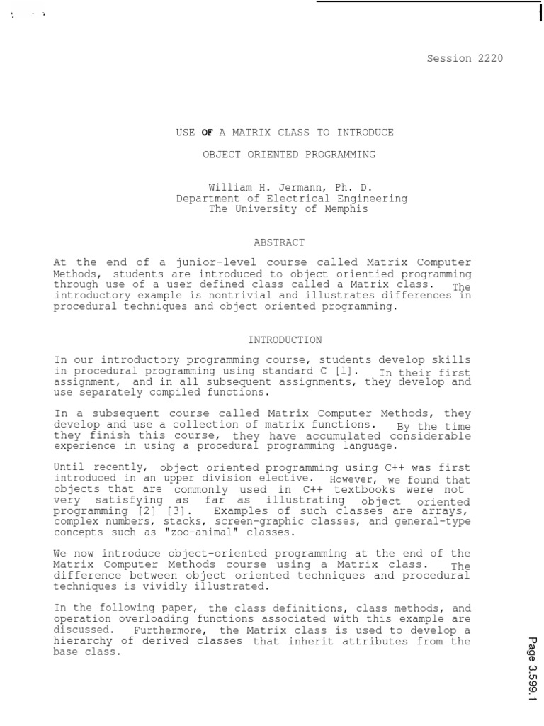Use Of A Matrix Class To Introduce Object Oriented Programming Pdf Pdf Class Computer