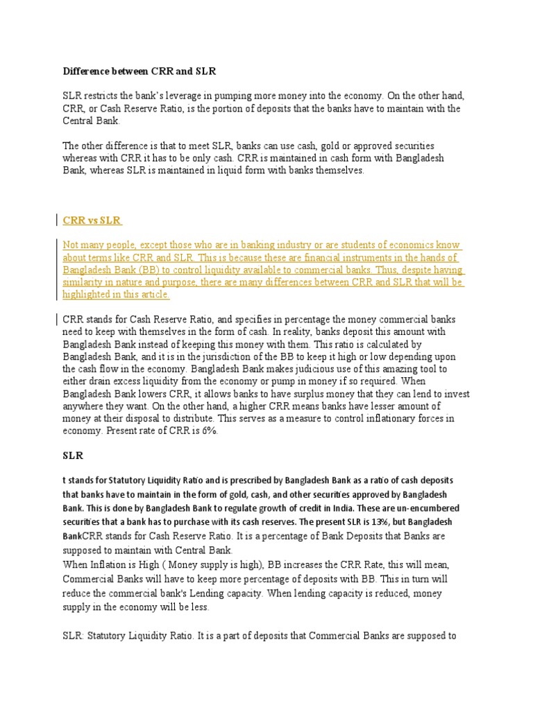 Difference Between CRR and SLR | PDF | Capital Requirement | Capital ...