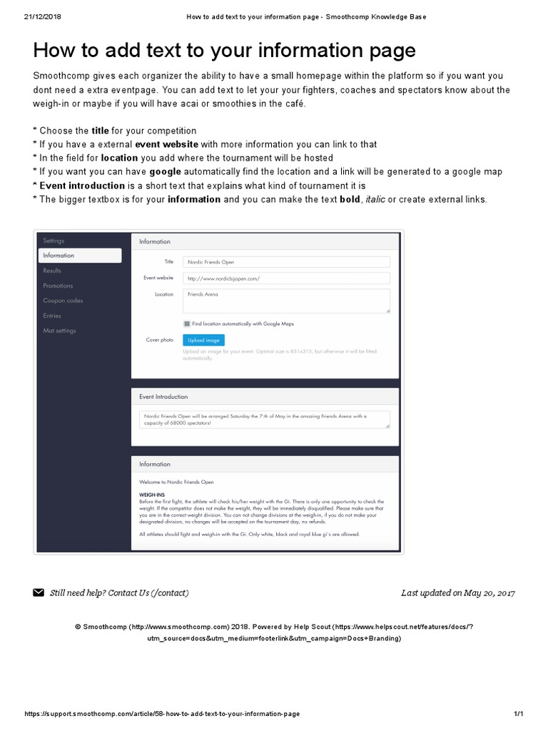 How To Add Text To Your Information Page - Smoothcomp Knowledge Base | PDF