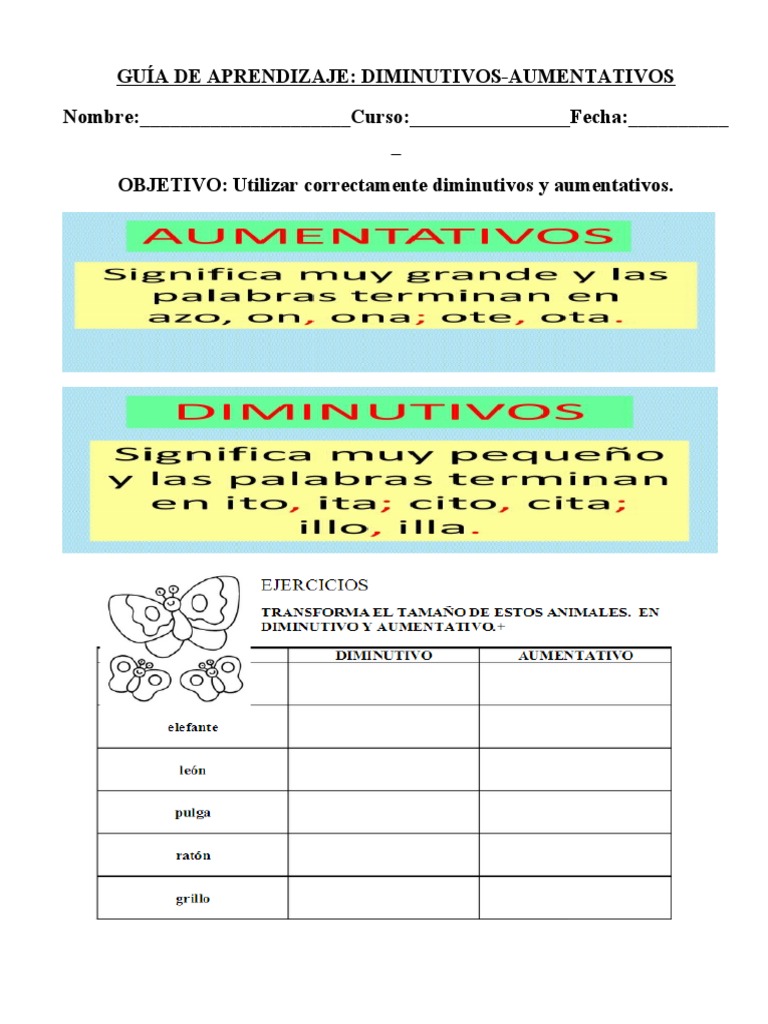 GUÍA DE APRENDIZAJE... Aumentativos-Diminutivos | PDF