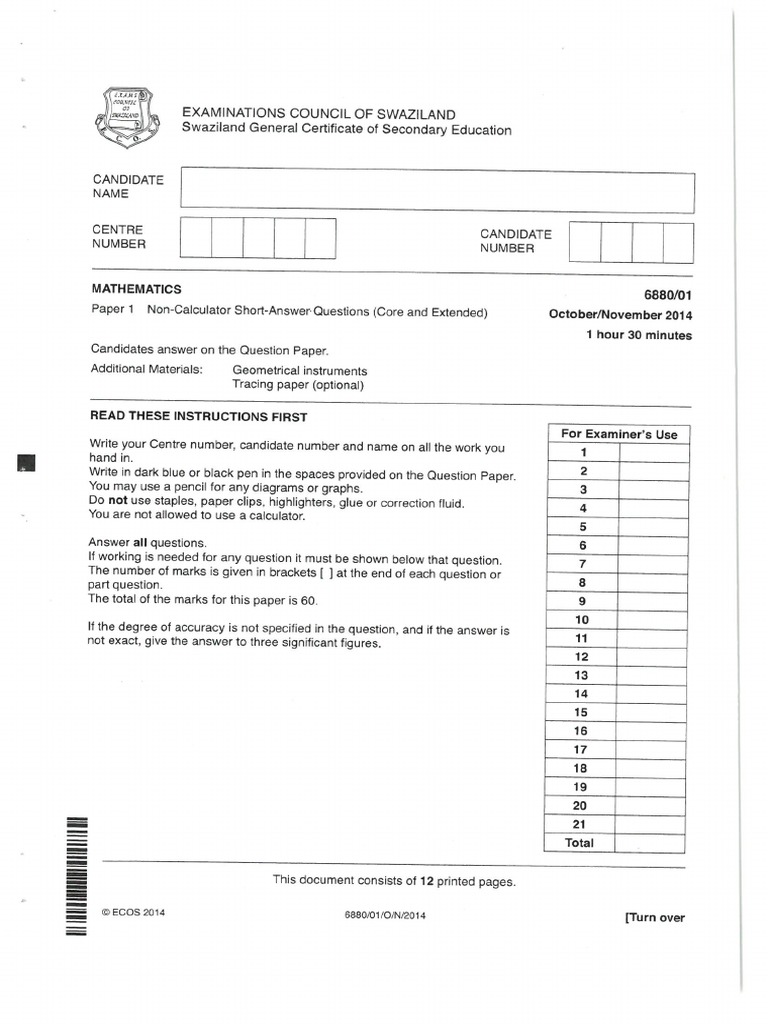 Form 5 Maths 2014 Paper 1 | PDF