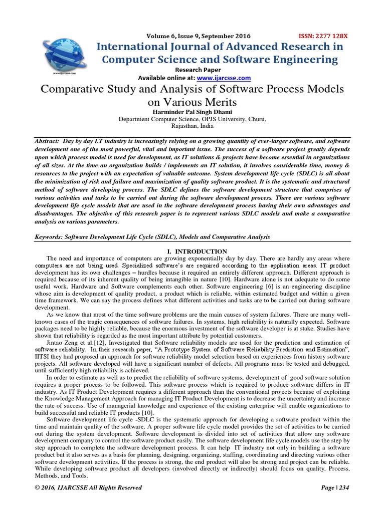 Comparative Study and Analysis of Software Process Models On Various ...