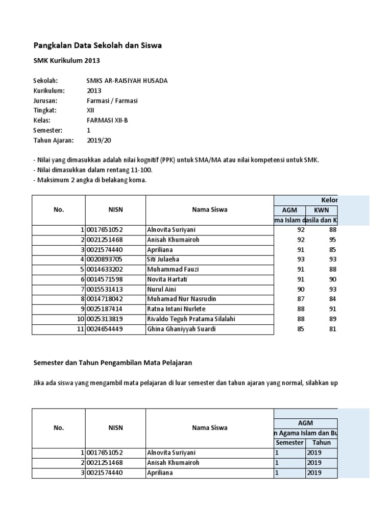 Template Nilai FARMASI XII-B 2019 1 | PDF