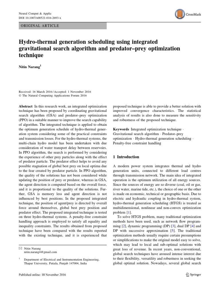 Hydro-Thermal Generation Scheduling Using Integrated Gravitational Search Algorithm and Predator ...