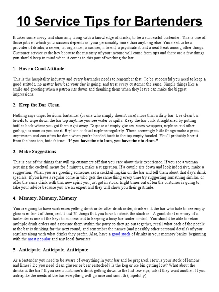 10 Service Tips For Bartenders Download Free Pdf Bartender Drink