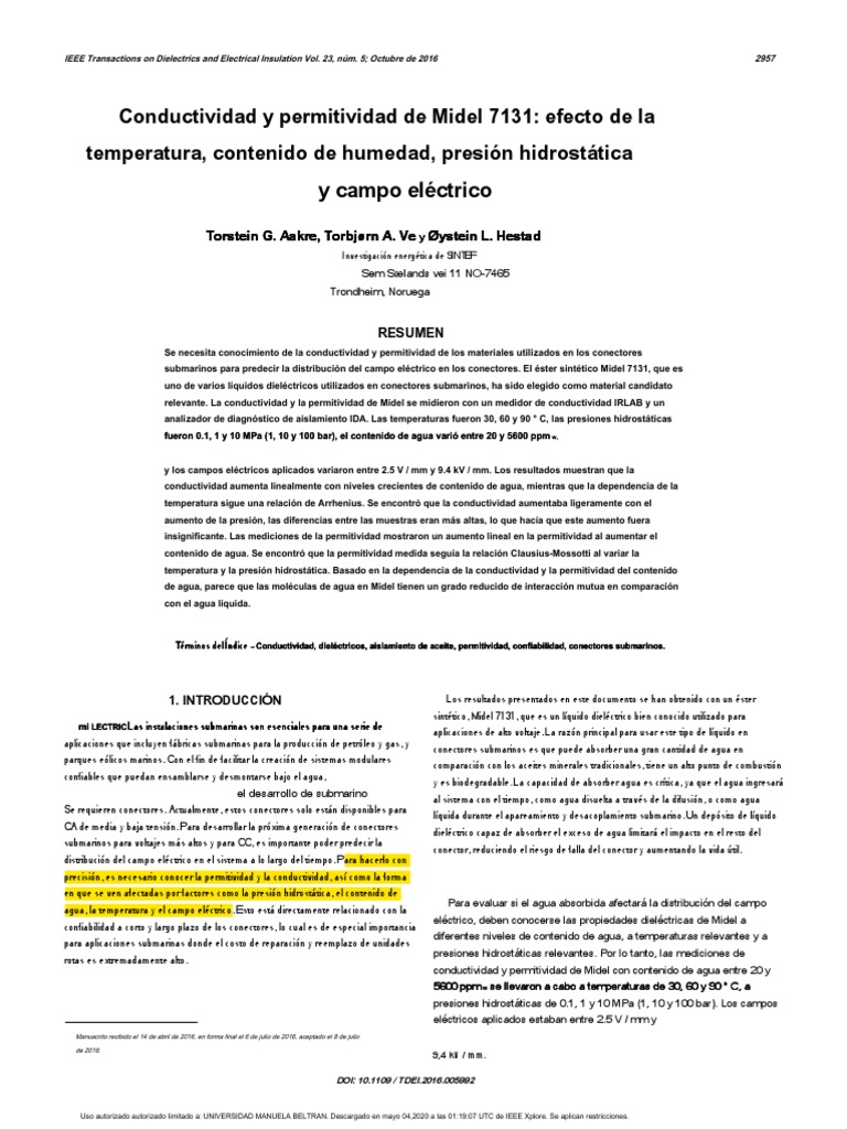 Conductivity and Permittivity of Midel - En.es PDF | PDF | Permisividad ...