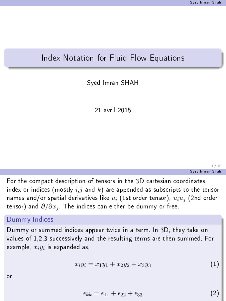 Tensor Index Notation in Fluid Dynamics | PDF | Gradient | Tensor
