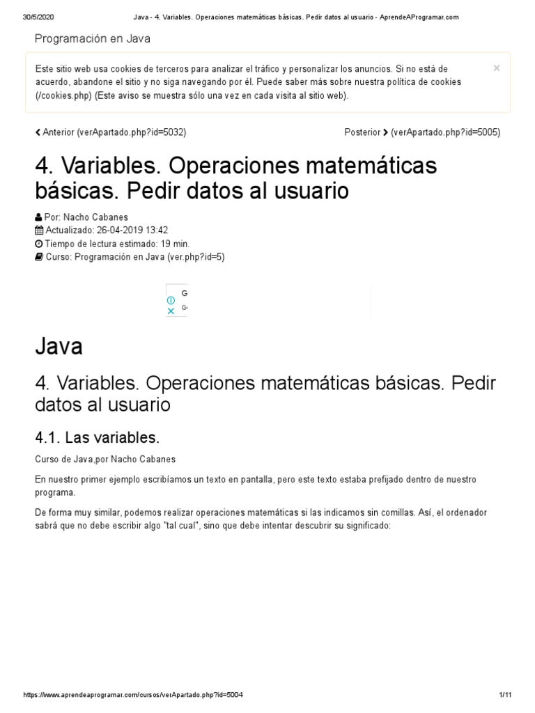 Java - 4. Variables. Operaciones Matemáticas Básicas. Pedir Datos Al Usuario | PDF | Java ...