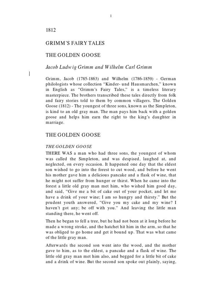 1812 Grimm'S Fairy Tales The Golden Goose: Jacob Ludwig Grimm and ...