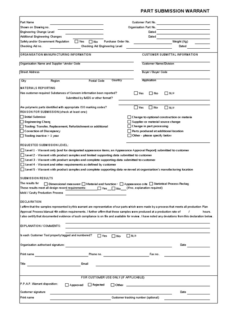 Part Submission Warrant: Organisation Manufacturing Information ...