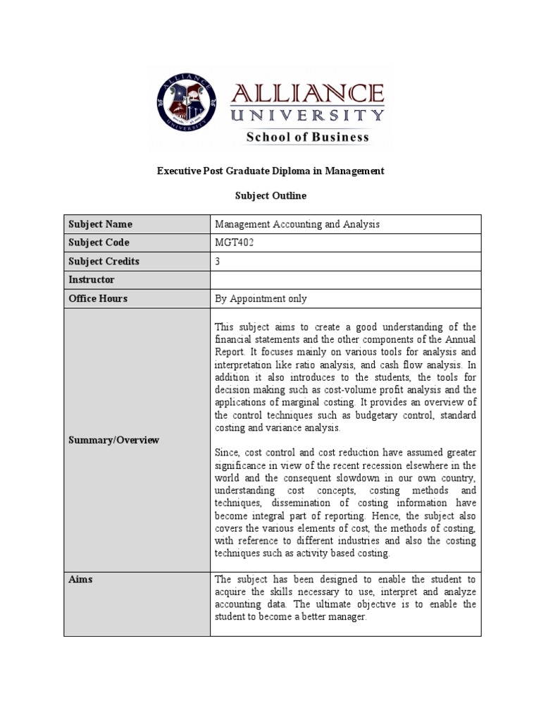 MGT402 - MAA - Course Outline | PDF | Cost Accounting | Cash Flow Statement