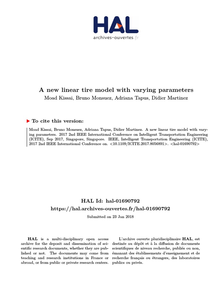 A New Linear Tire Model With Varying Parameters: Moad Kissai, Bruno ...
