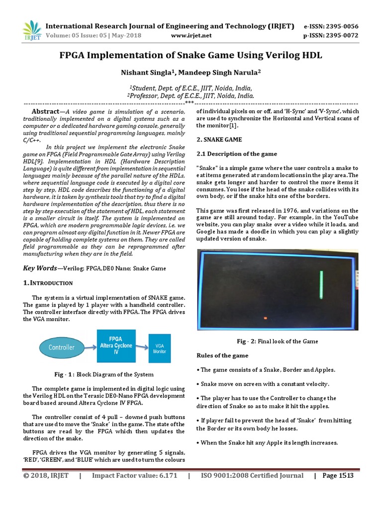 FPGA Implementation of Snake Game Using PDF | PDF | Hardware Description Language | Field ...