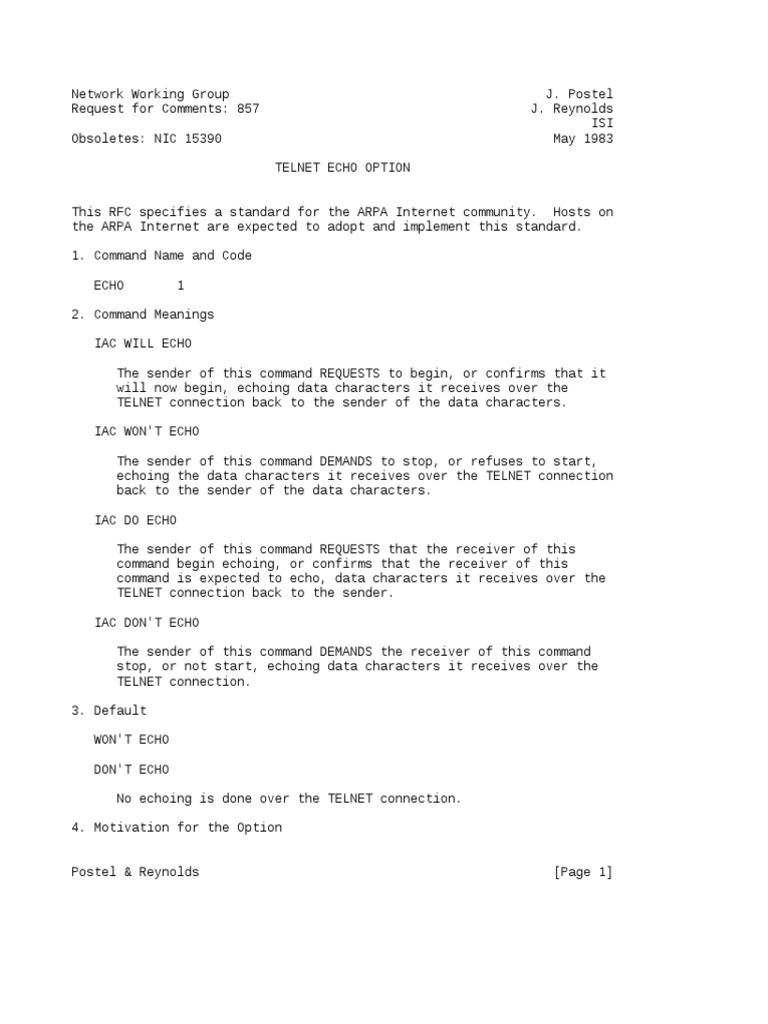 Rfc 0857 Telnet Echo Option Pdf Computer Networking Computer Mediated Communication 