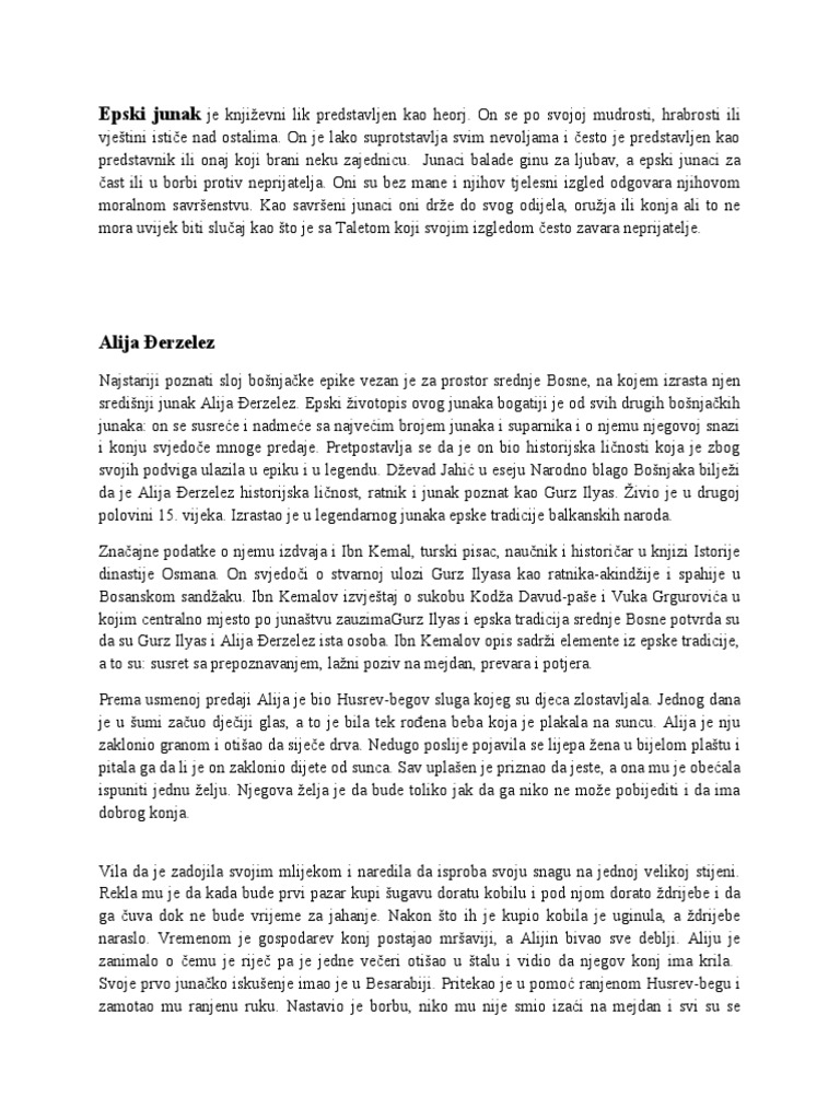 Usmena Knjizevnost, Pjesnicke Vrste - Epski Junaci (Za Usmeni Ispit) | PDF