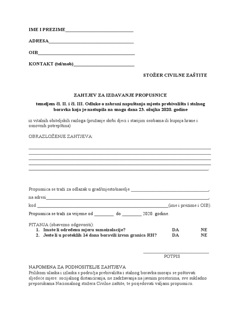 Zahtjev Za Izdavanje Propusnice | PDF