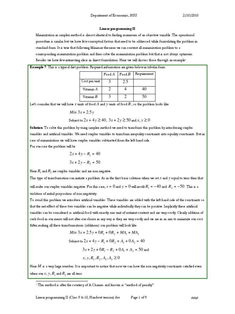 Linear Programming II - Class 9 - 10, Handout Version | PDF | Linear Programming | Mathematical ...