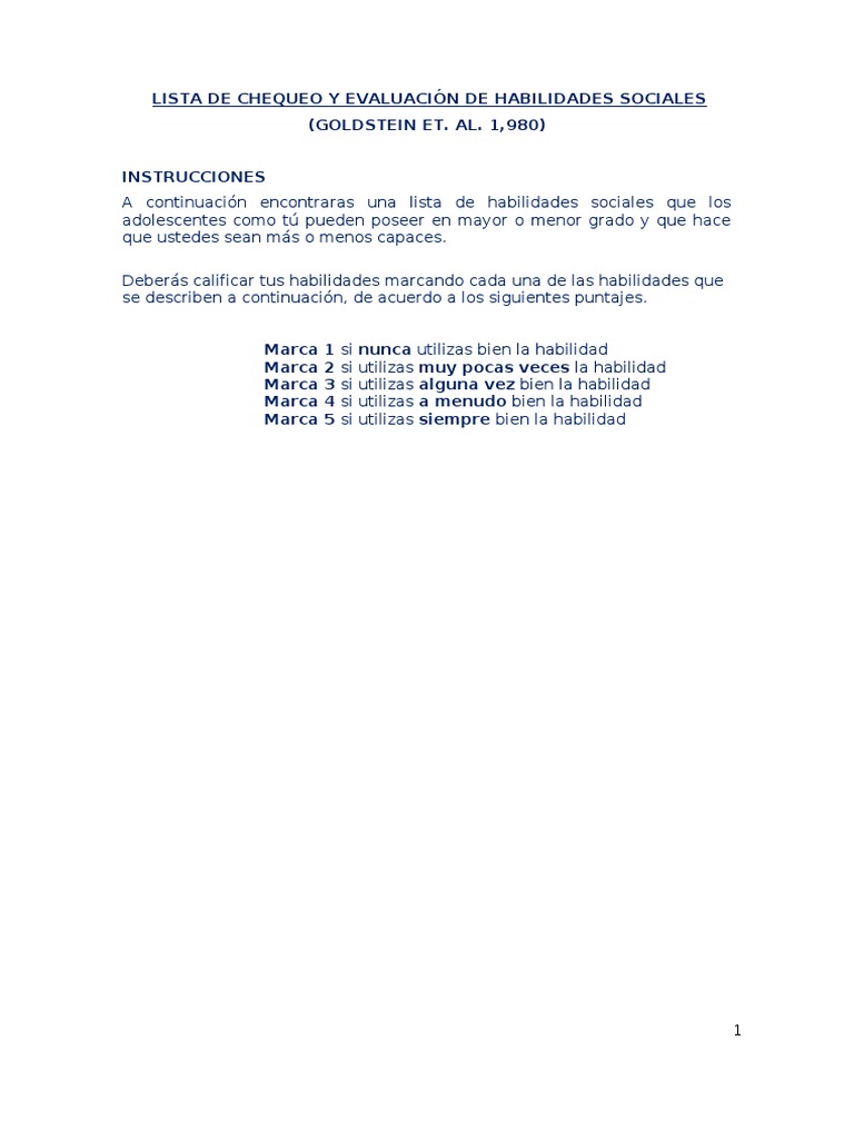 LISTA DE CHEQUEO y EVALUACIÓN DE HABILIDADES SOCIALES | PDF