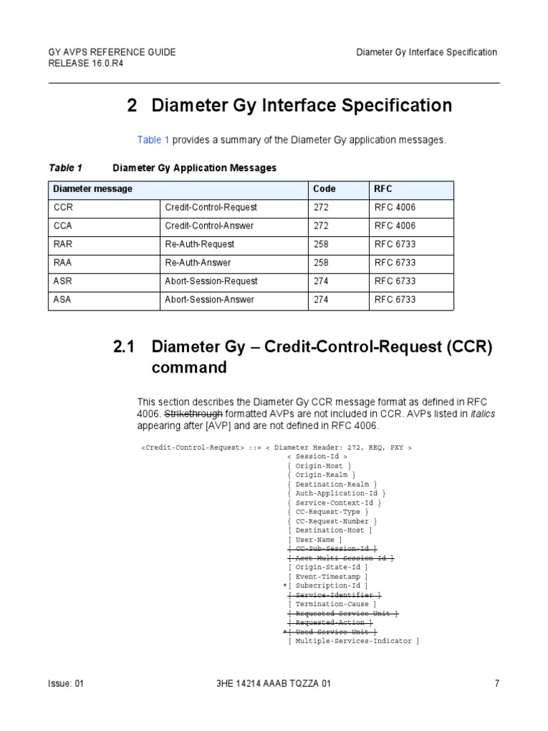 Diameter Gy Interface Specification Guide | PDF | Telecommunications ...