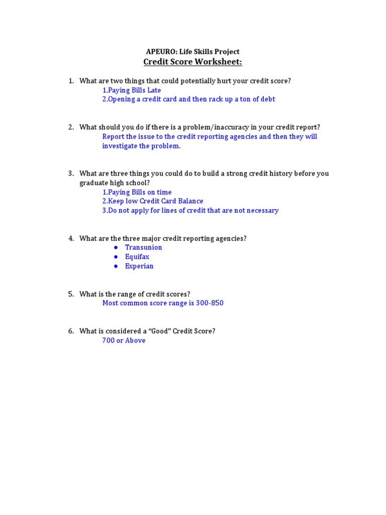 Credit Score Worksheet:: APEURO: Life Skills Project | PDF