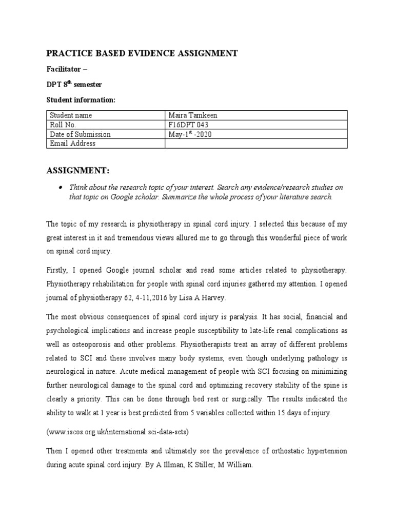 Practice Based Evidence Assignment | PDF | Spinal Cord Injury ...