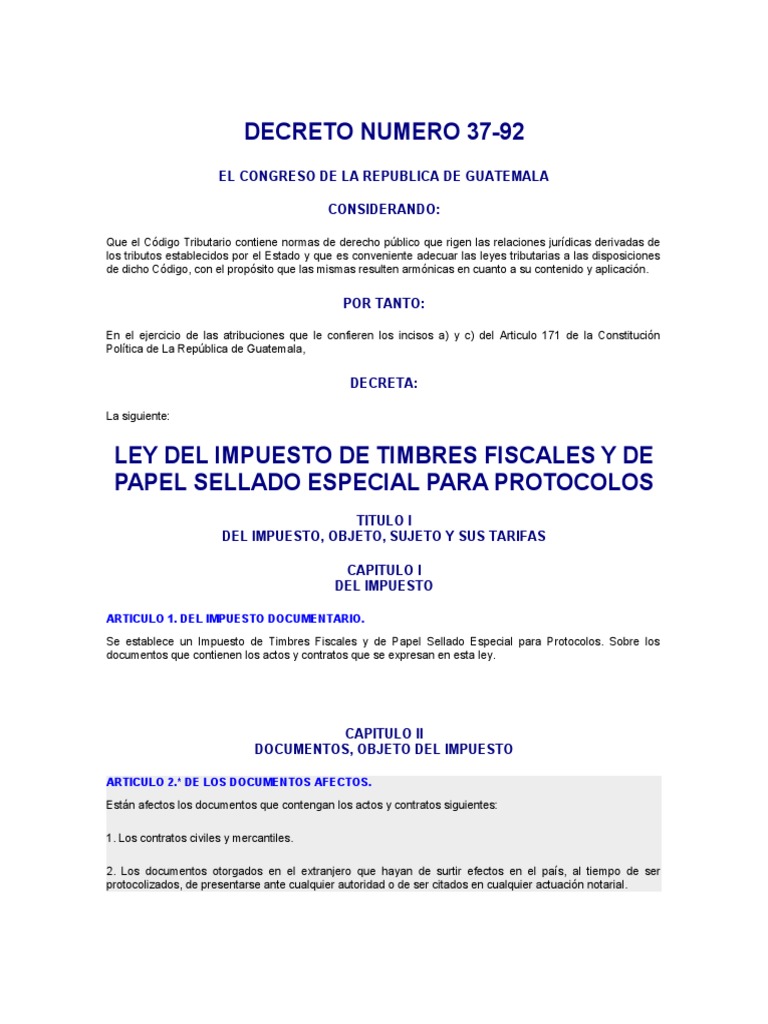 Ley Del Impuesto de Timbres Fiscales y de Papel Sellado Especial para Protocolos | PDF ...