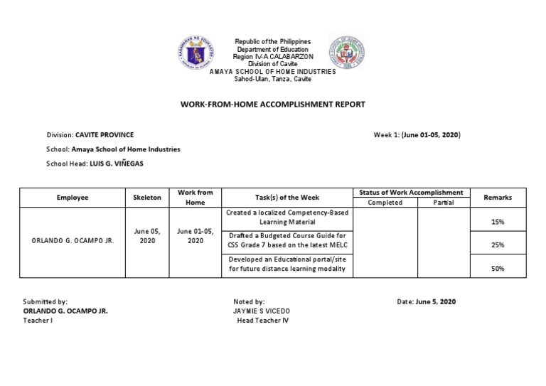 Work-From-Home Accomplishment Report: Amaya School of Home Industries | PDF