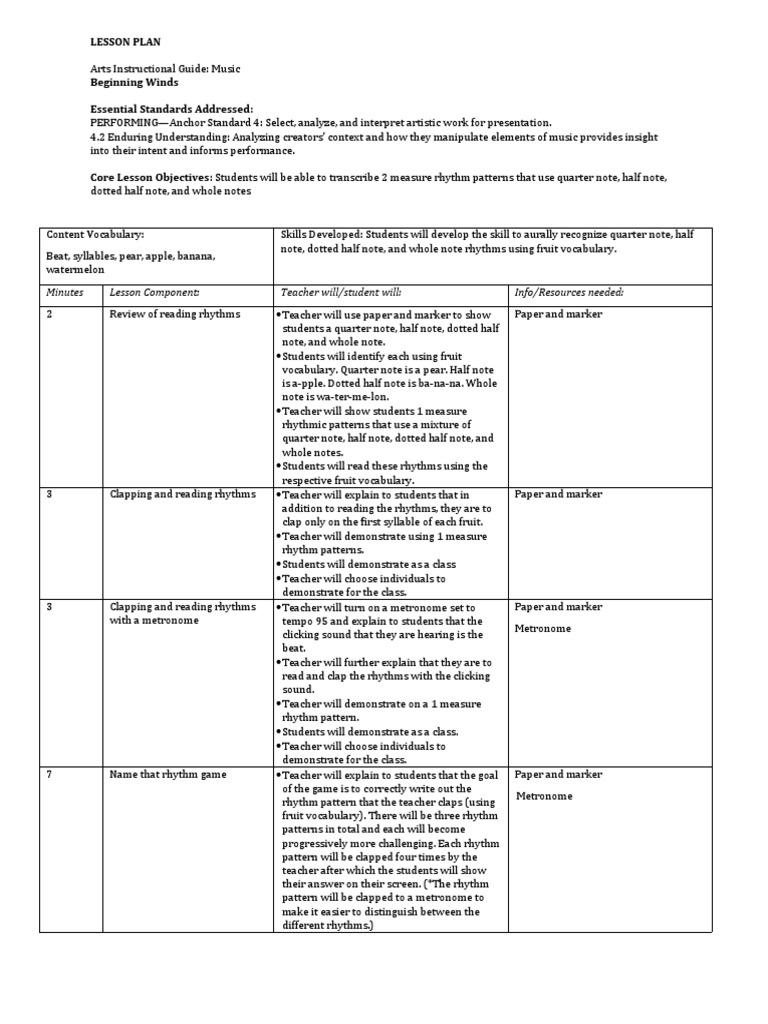 Beginning Winds Lesson Plan | PDF | Rhythm | Lesson Plan