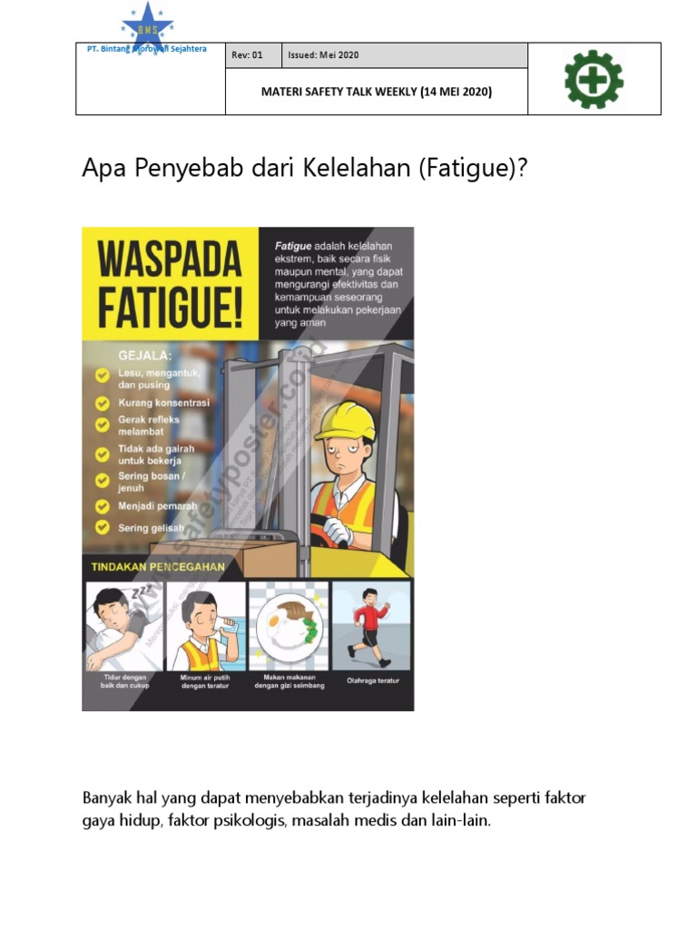 Penyebab Fatigue, Materi Safety Talk 14 Mei 2020 | PDF
