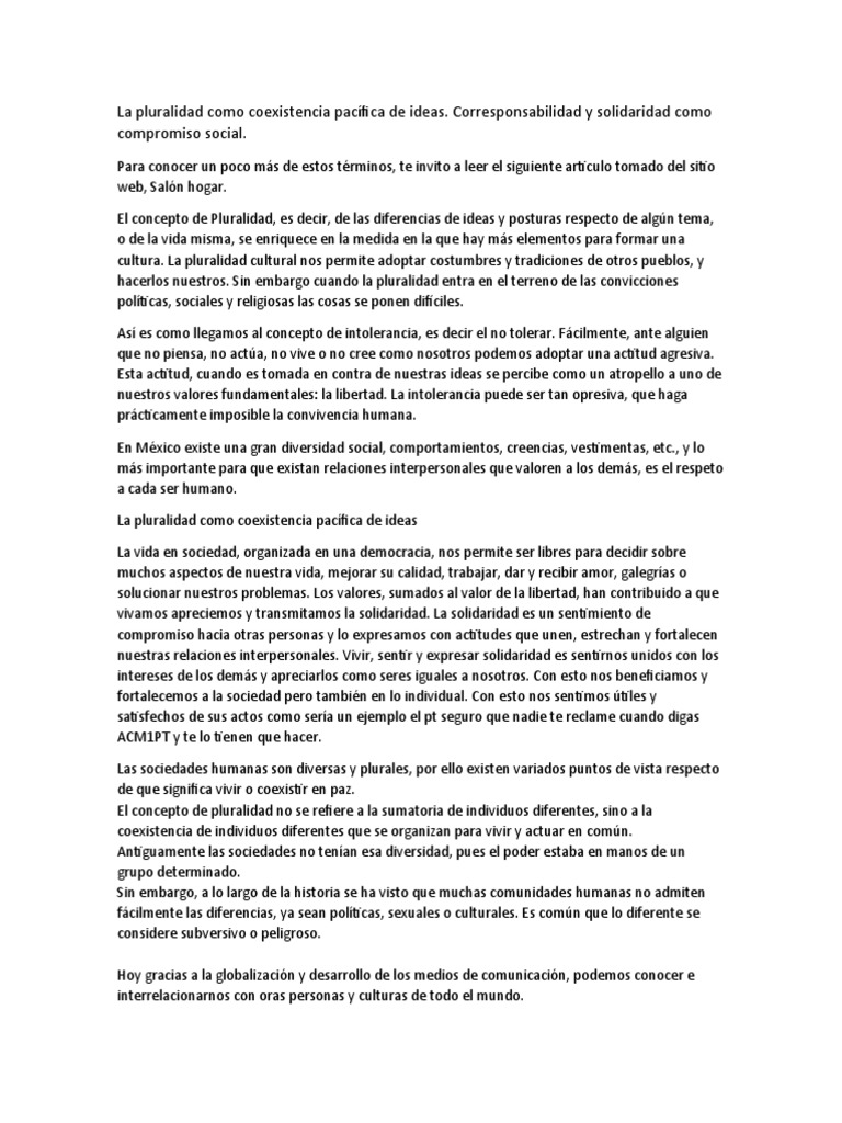 Pluralidad y coexistencia pacífica | PDF | Tolerancia | Sociedad