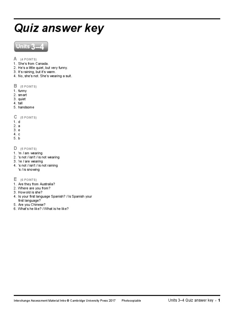 Quiz Answer Key: Units | PDF
