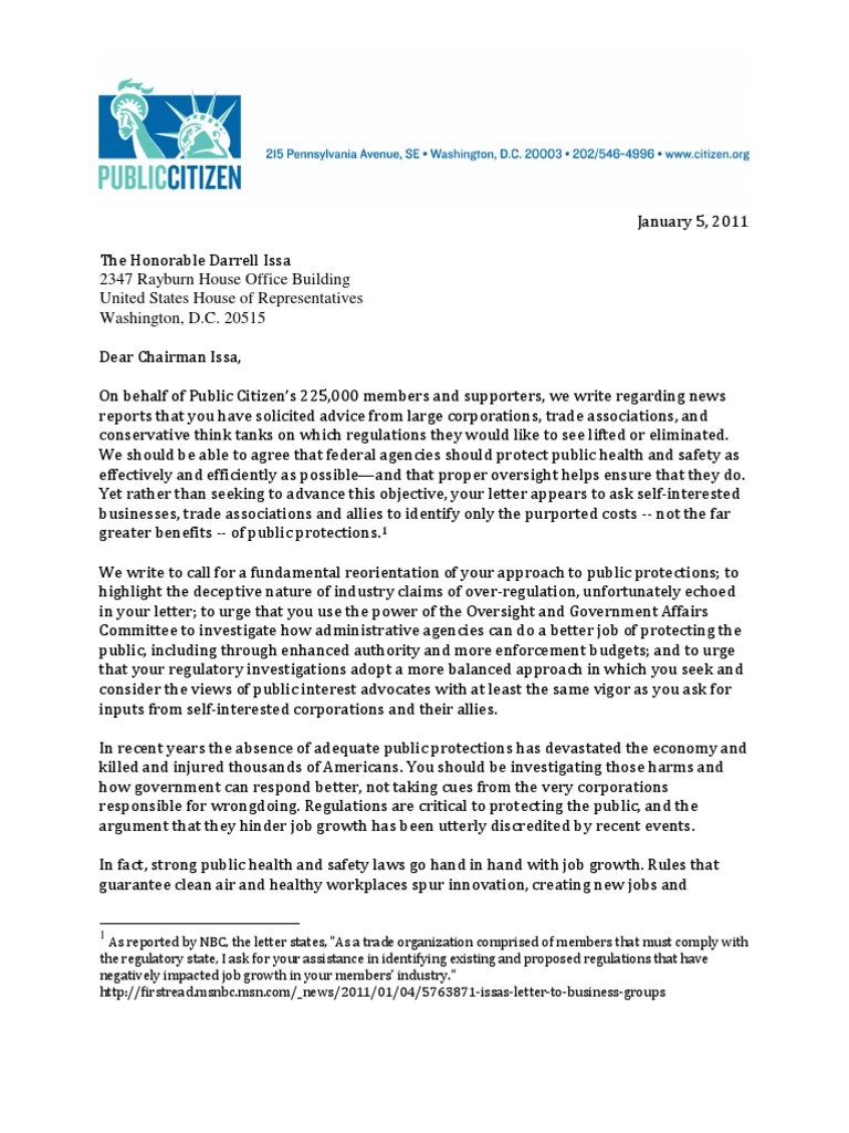 Issa Letter 20110105 | PDF | National Highway Traffic Safety ...