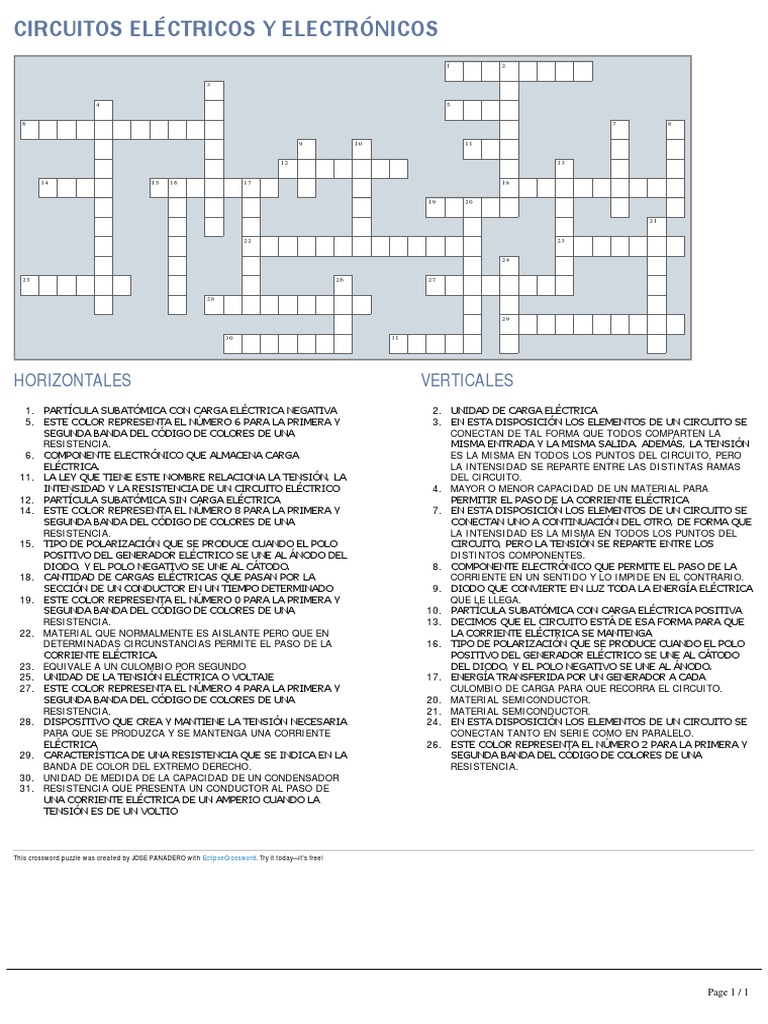 Crucigrama de Circuitos Electricos y Electronicos PDF | PDF | Corriente eléctrica | Electrónica