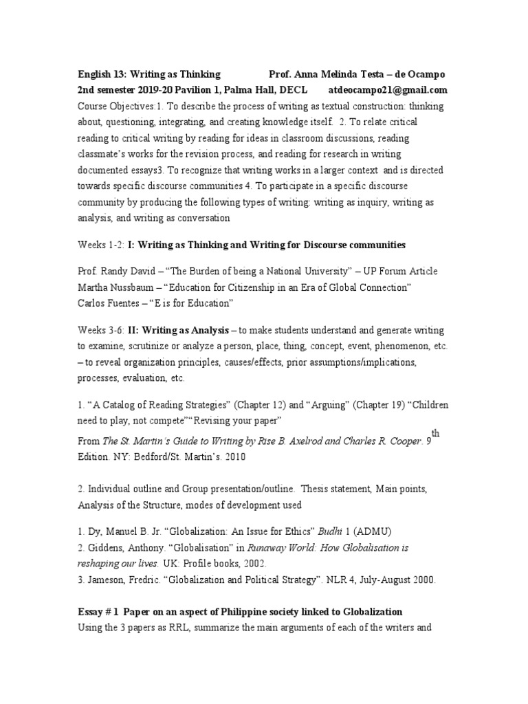 English 13: Writing As Thinking Prof. Anna Melinda Testa - de Ocampo ...