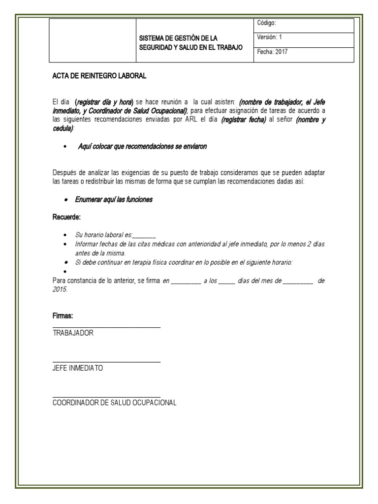 Acta de Reintegro Laboral | PDF