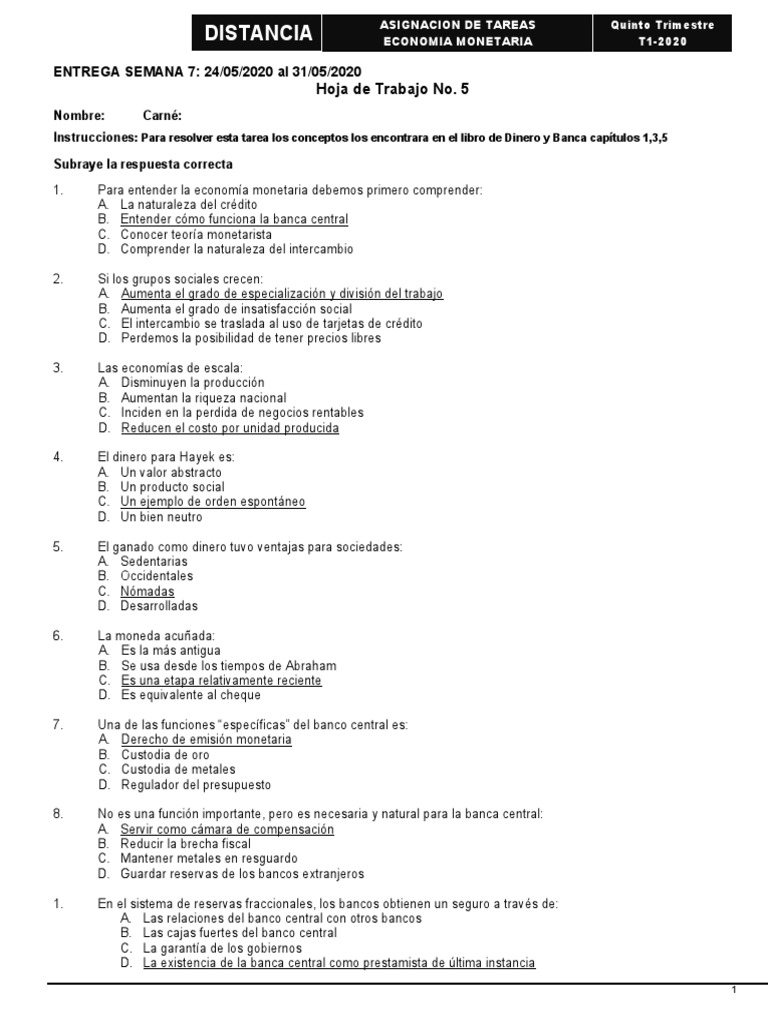 Hojas de Trabajo-5-T2-2020 | PDF | Precios | Dinero