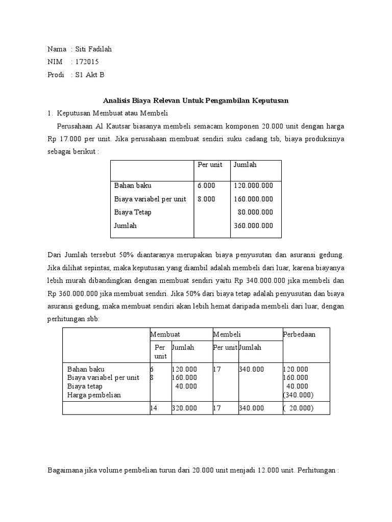 Tugas Analisis Biaya Diferensial Dan Biaya Relevan | PDF