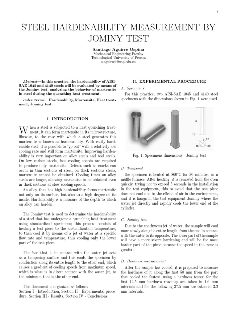 Steel Hardenability Measurement by Jominy Test: Santiago Aguirre Ospina ...