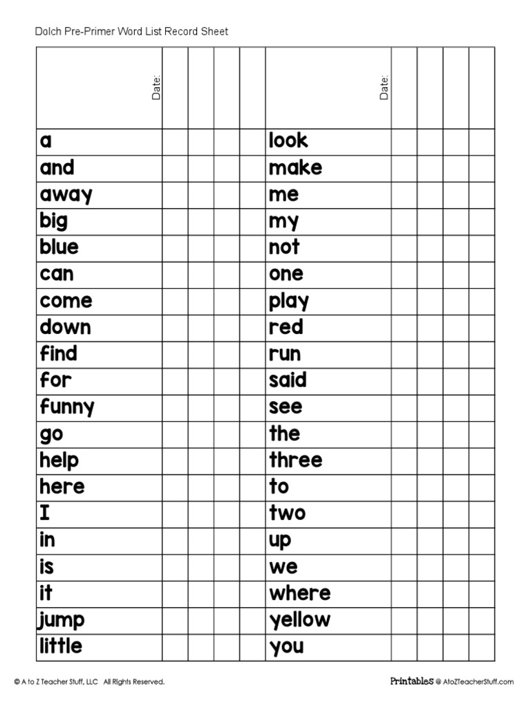 Dolch Pre Recording Sheet | PDF