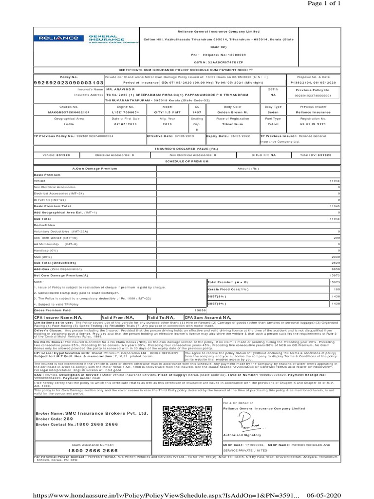 Comprehensive Insurance Policy Schedule and Payment Receipt for a 2019 ...